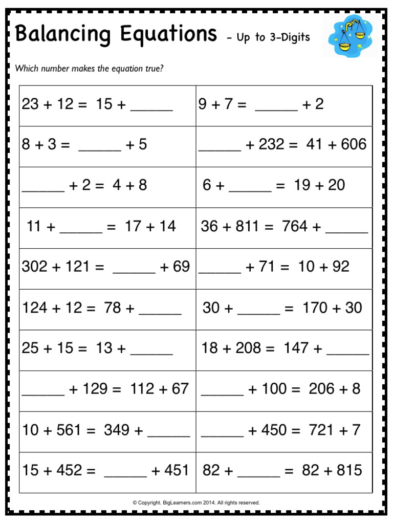 Balancing Equations Up To 3 Digits | PDF