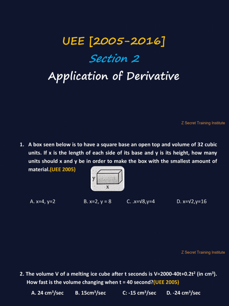 Grade 12 Maths Unit 2 UEE 2005 2016 Section 2 Application of Derivative | PDF