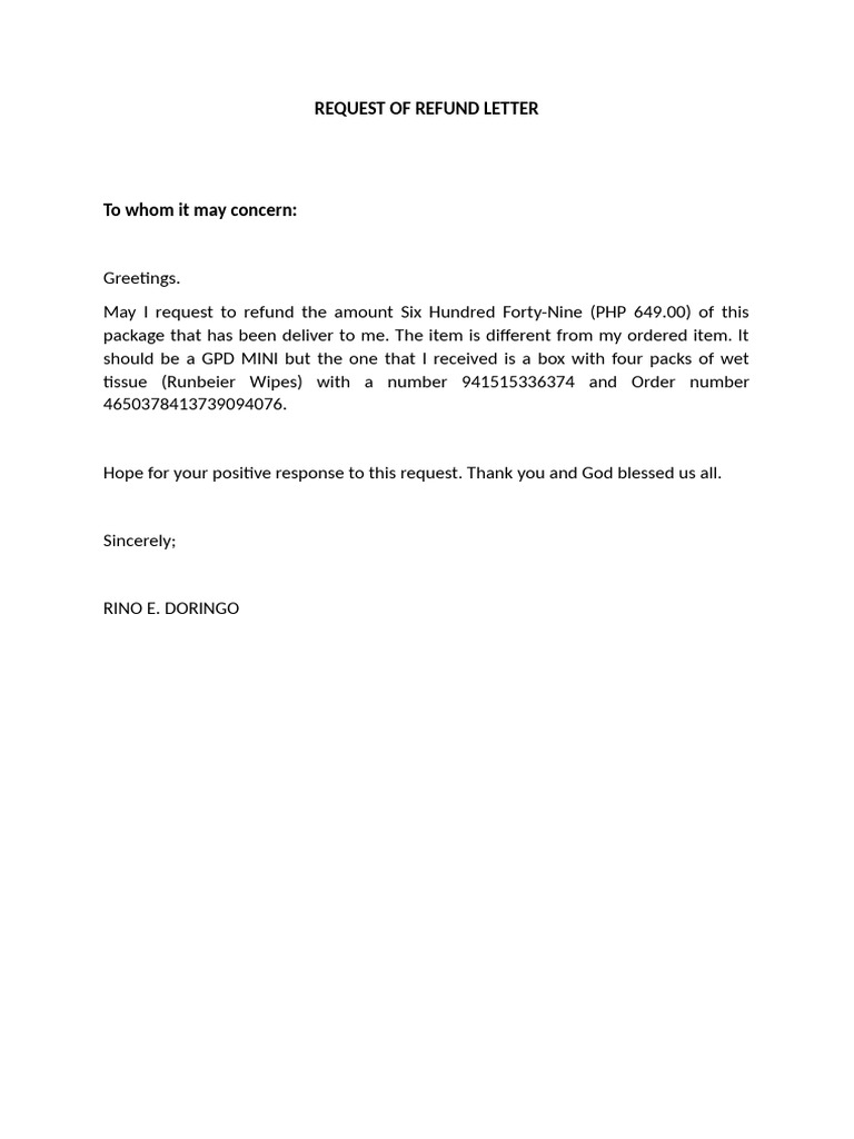 Request of Refund Letter | PDF