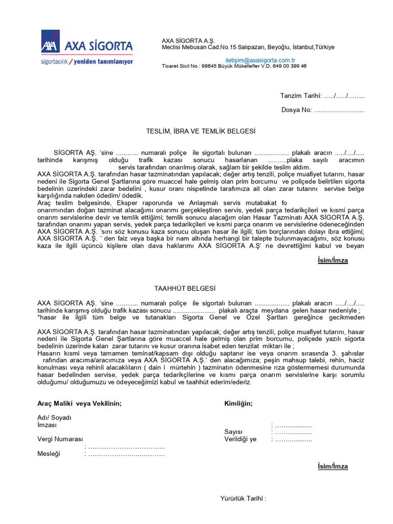 Axa Yeni̇ Tesli̇m İbra Asu Güncel Evraklar | PDF