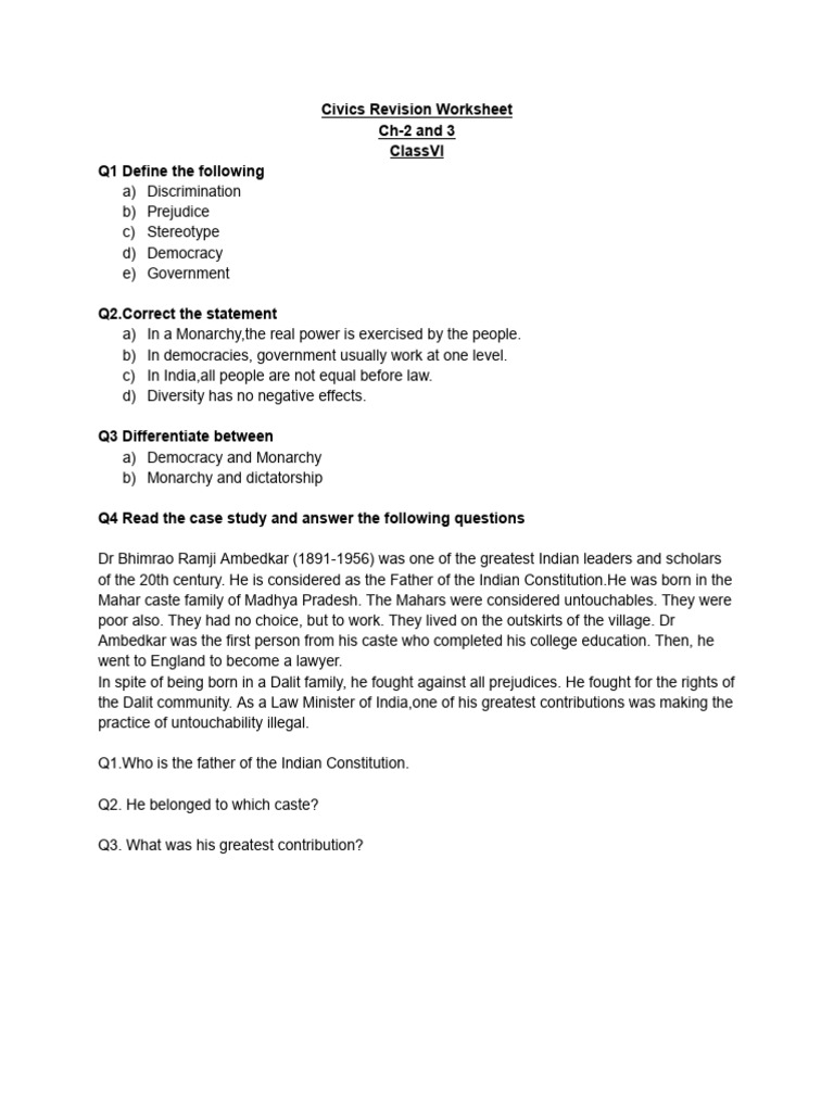 Class 6 Civics Revision Worksheet | PDF