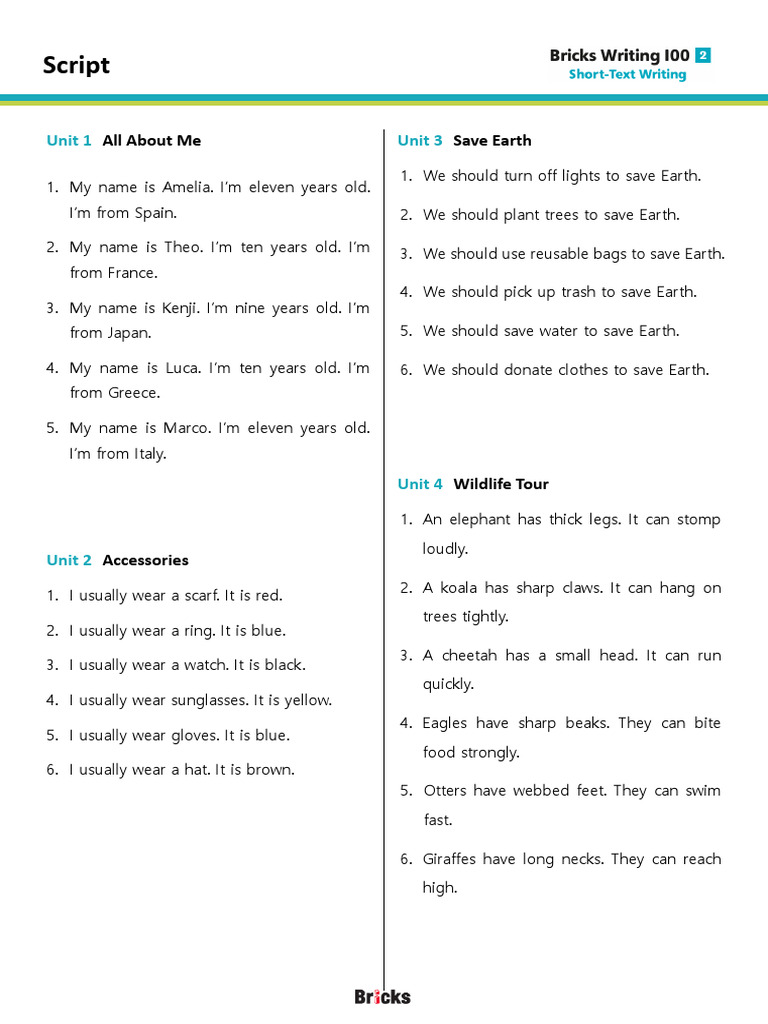 Bricks Writing 100 - L2 - Sentence Writing - Answer Key | PDF