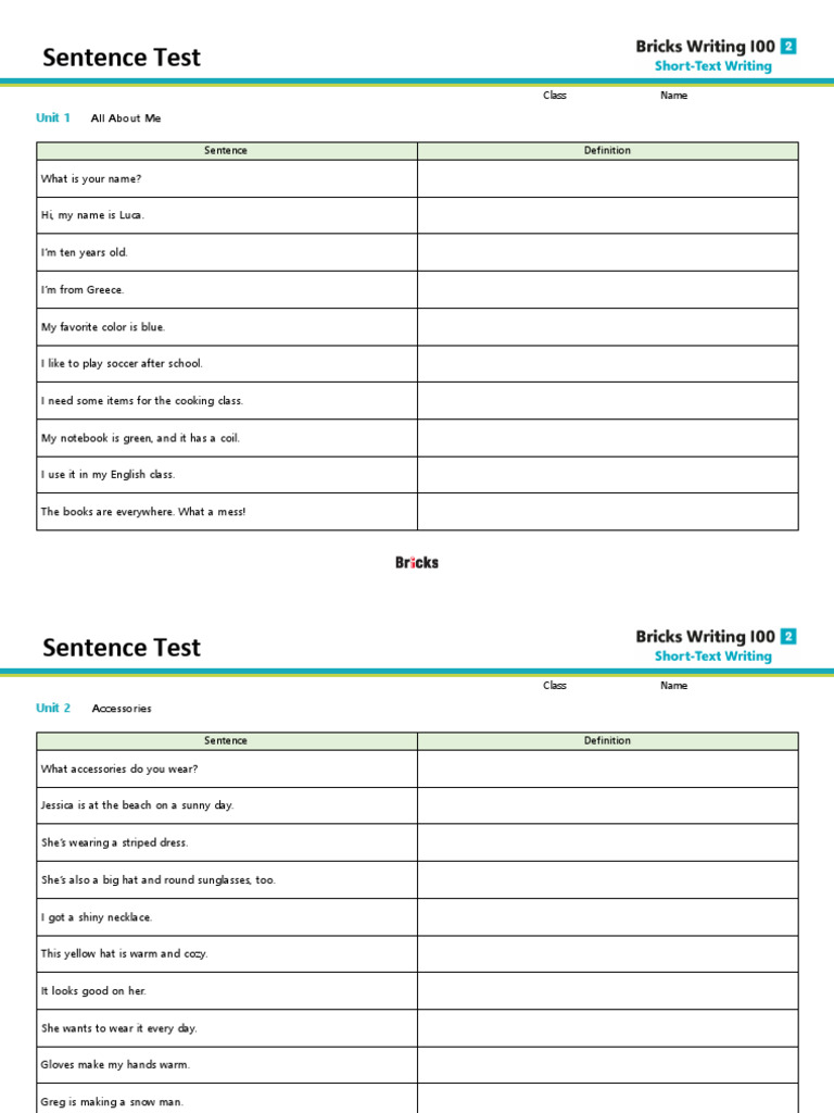 Bricks Writing 100 - L2 - Sentence Test - ENG | PDF | Pasta | Foods