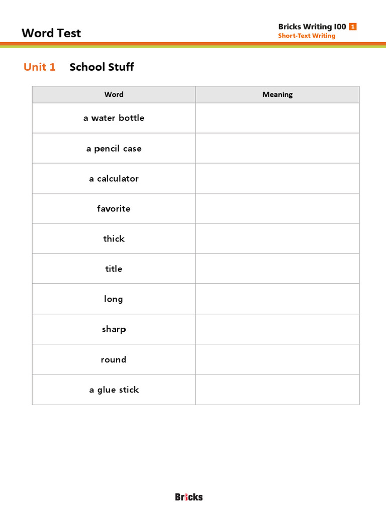 Bricks Writing 100 - L1 - Word Test - ENG | PDF | Cuisine | Foods