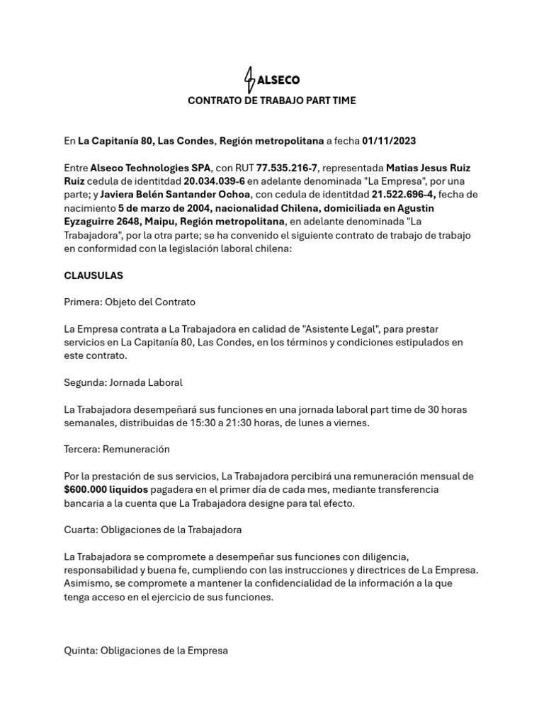 Contrato de Trabajo Part Time | PDF | Derecho laboral | Tiempo de trabajo