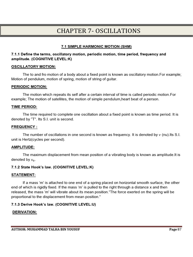 Class 11 Physics: SHM and Hook's Law Notes | PDF | Oscillation ...