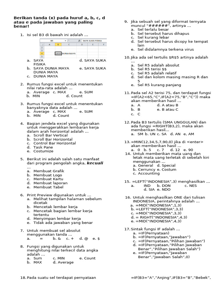 Soal-Ulangan-Pilihan-Ganda-Microsoft-Excel LKP ZIG | PDF
