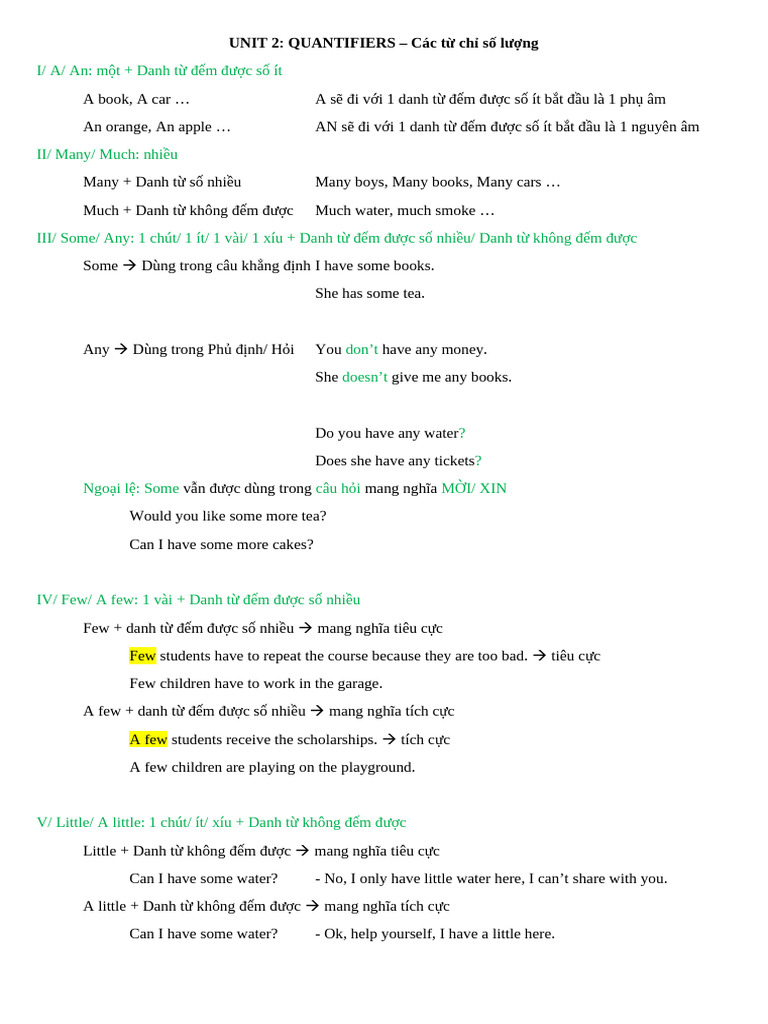 UNIT 2 - Quantifiers - Có Đáp Án | PDF