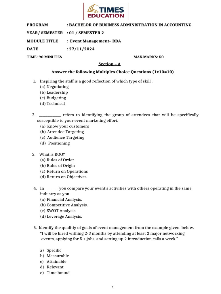 Bba Event Management 2024 Internal QSP | PDF | Business