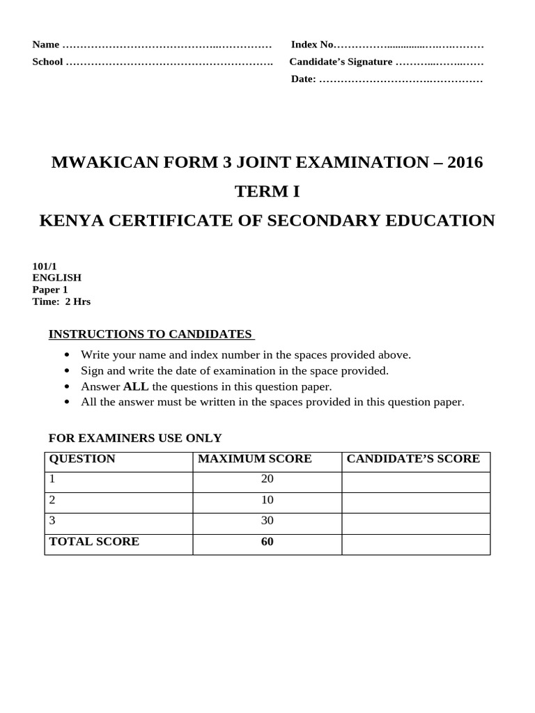 English Form 3 Paper 1 Mod21042022001 | PDF