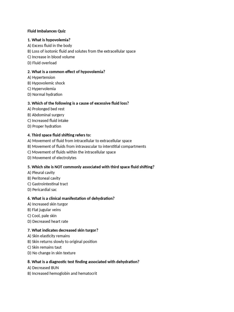 Fluid Imbalances Quiz | PDF | Dehydration | Clinical Medicine