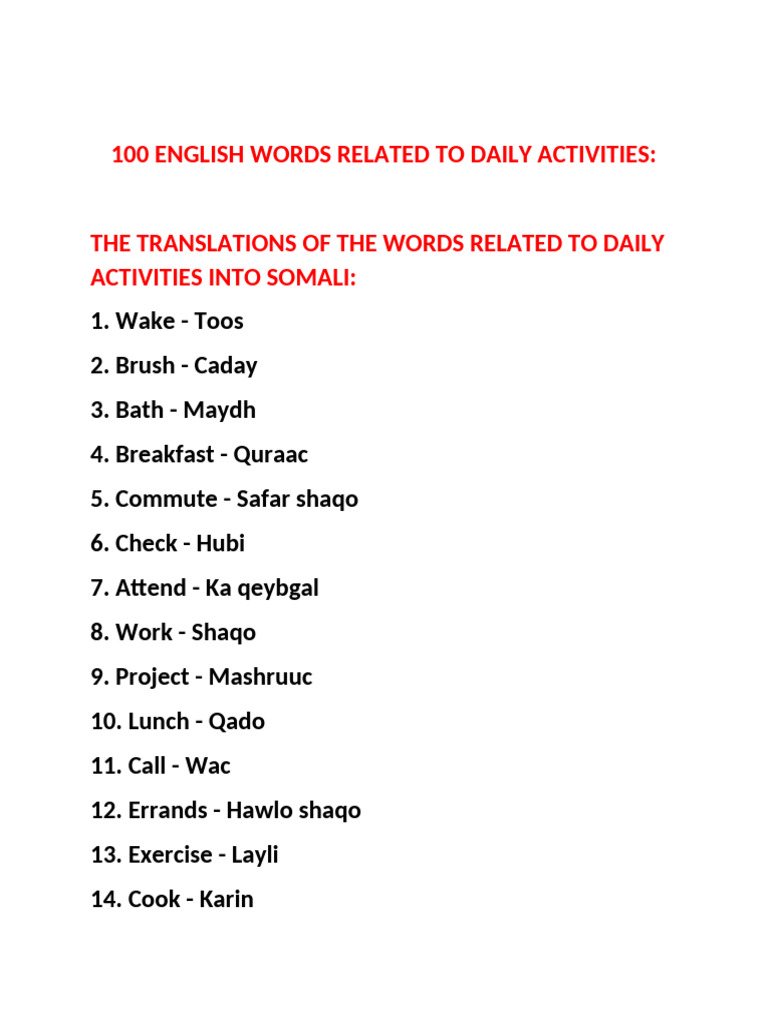 100 English Words for Daily Activities | PDF | Eating Behaviors Of ...