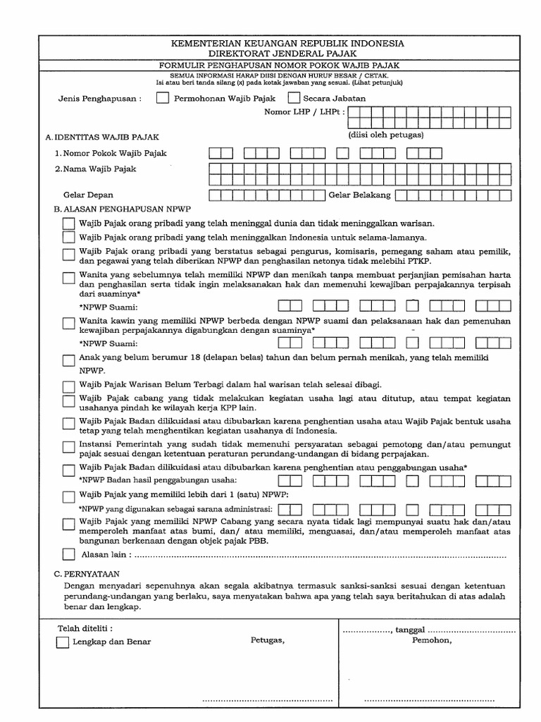 Form. Penghapusan NPWP | PDF