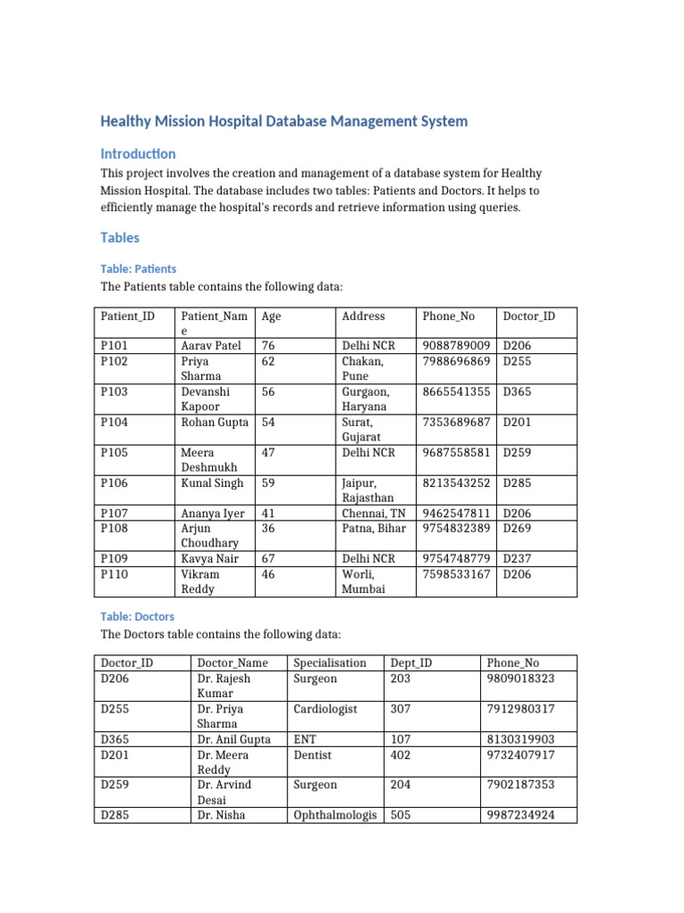 Hospital Database Management System | PDF
