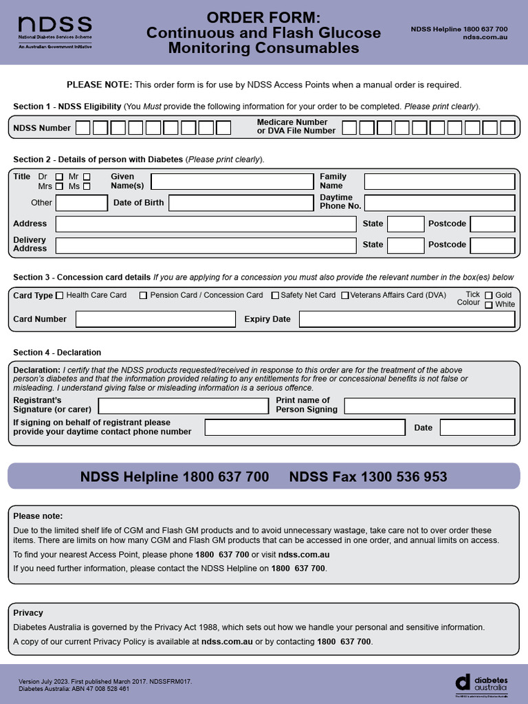 NDSS CGM and Flash GM Order Form | PDF | Endocrine Pancreas | Diabetes
