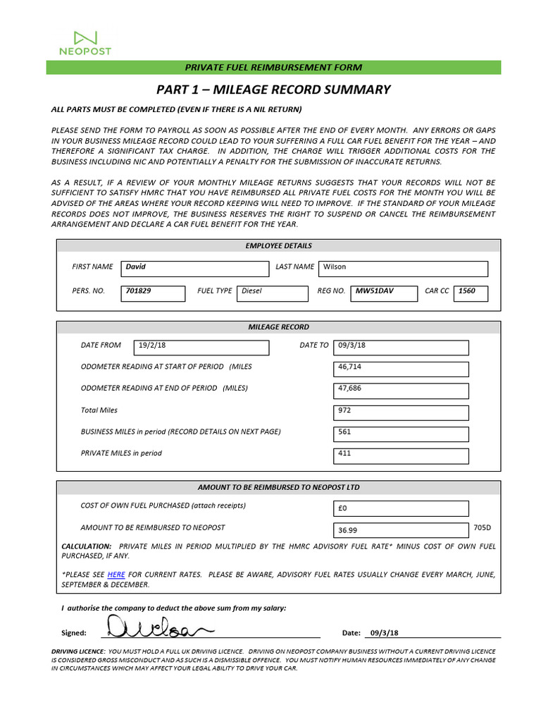 03_19Feb_9March18_Private Fuel Reimbursement Form David Wilson | PDF ...