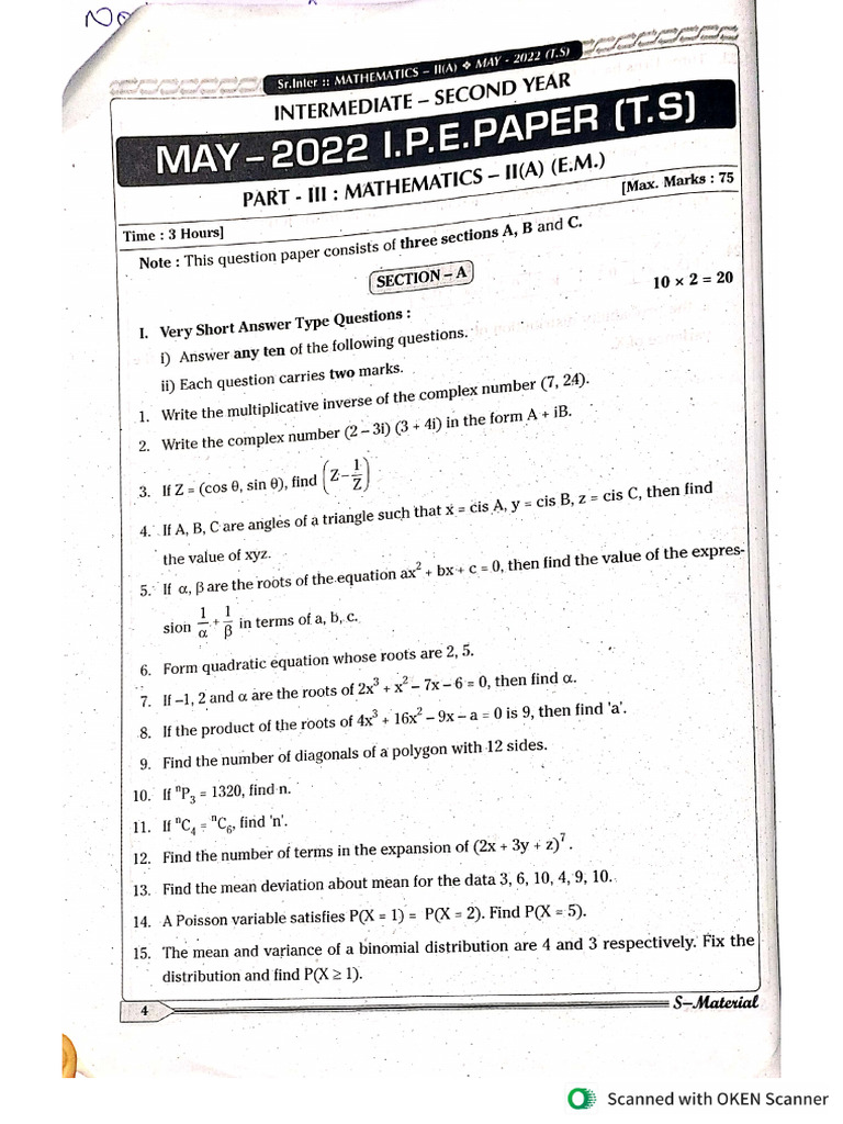 May 2022 IPE PAPER (T.S) Maths 2a | PDF