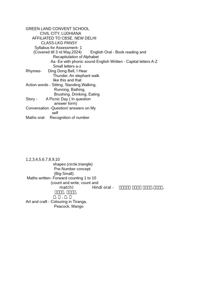 Class LKG Formative Syllabus | PDF