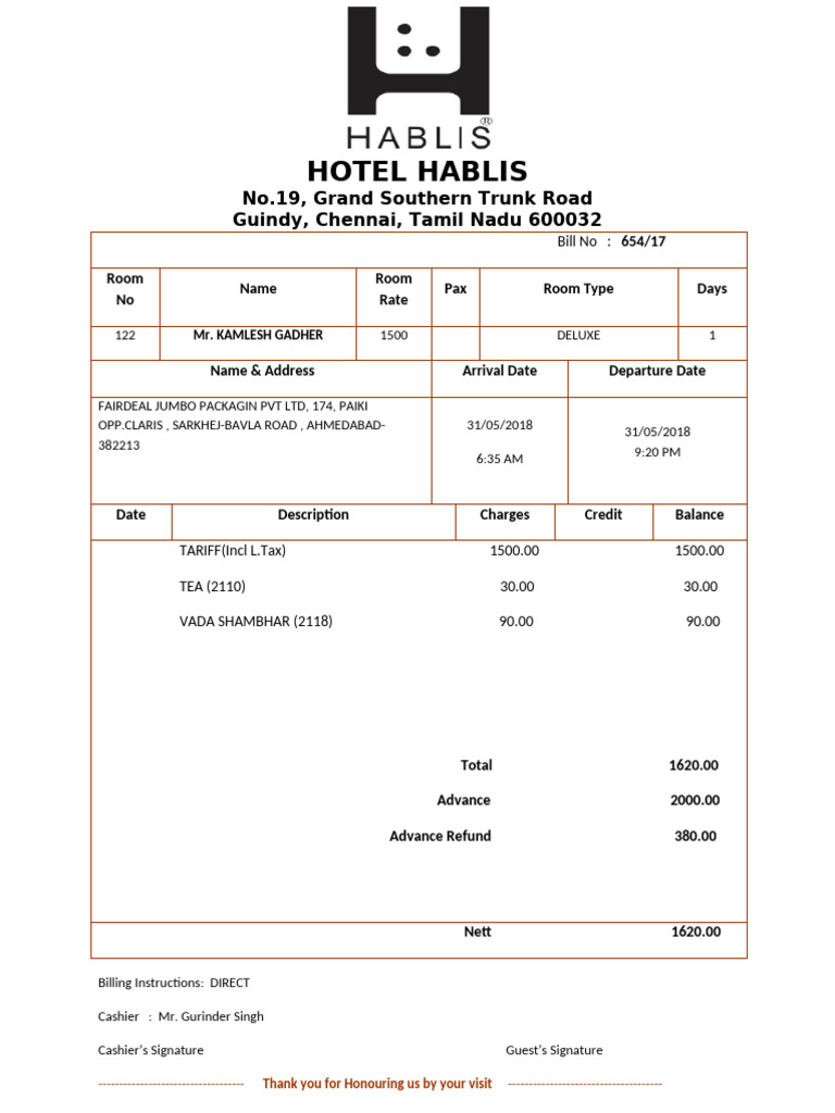 Udaipur Hotel Bill | PDF