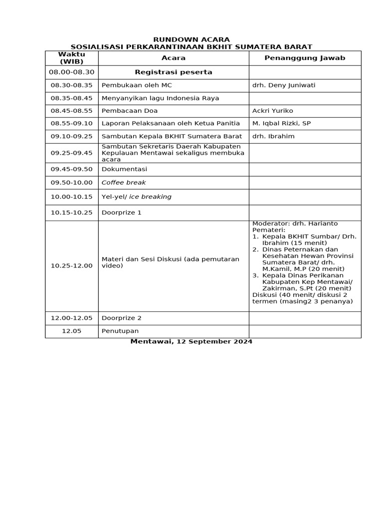 RUNDOWN ACARA SOSIALISASI PERKARANTINAAN MENTAWAI 2024 | PDF