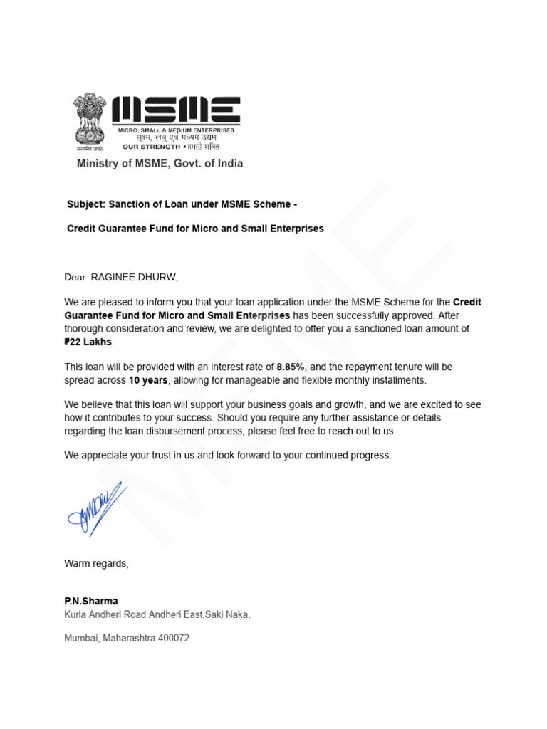 Subject - Sanction of Loan Under MSME Scheme | PDF