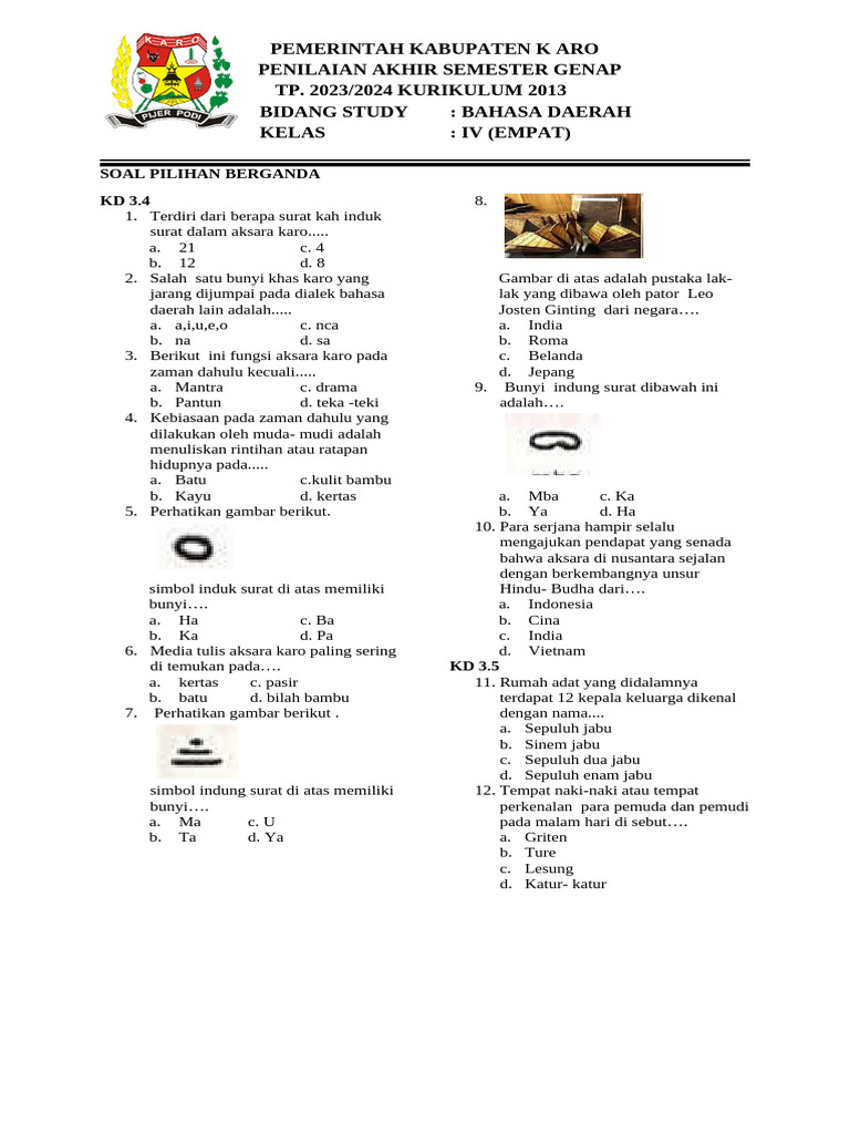 Soal Pas B. Karo Dan Kunci Jawaban Kelas 4 (Sem 2) | PDF