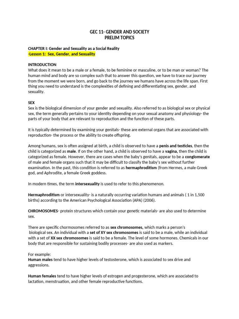 Gec 11 Gender and Society Prelim Topics | PDF | Menstrual Cycle | Pregnancy