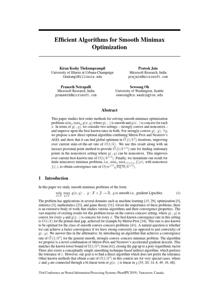 NeurIPS 2019 Efficient Algorithms For Smooth Minimax Optimization Paper | PDF | Mathematical ...