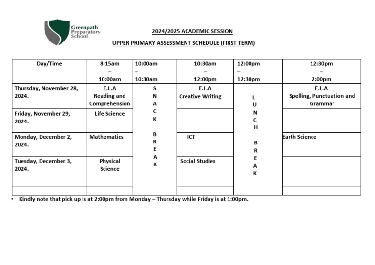 Upper Primary Exam Schedule 2024/2025 | PDF