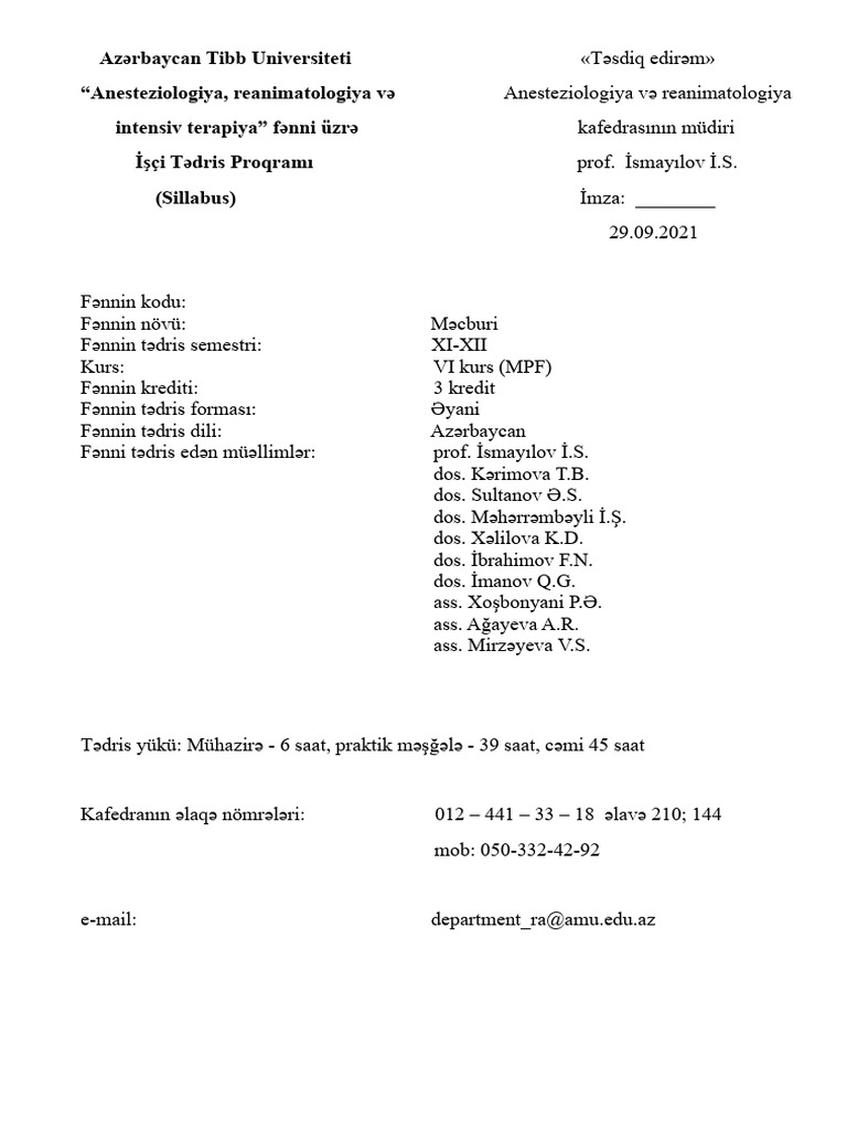 Sillabus - Az. 6 Kurs PDF Anesteziologiya, Reanimatologiya VƏ Intensiv Terapiya | PDF