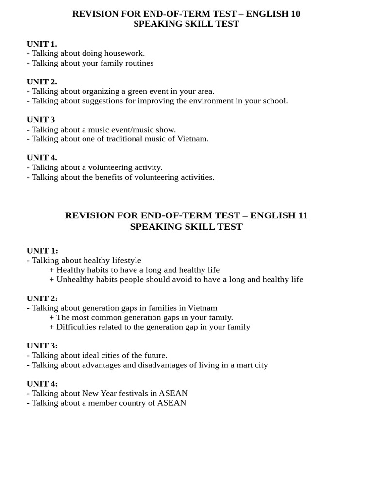 English Speaking Test Topics 10-11 | PDF