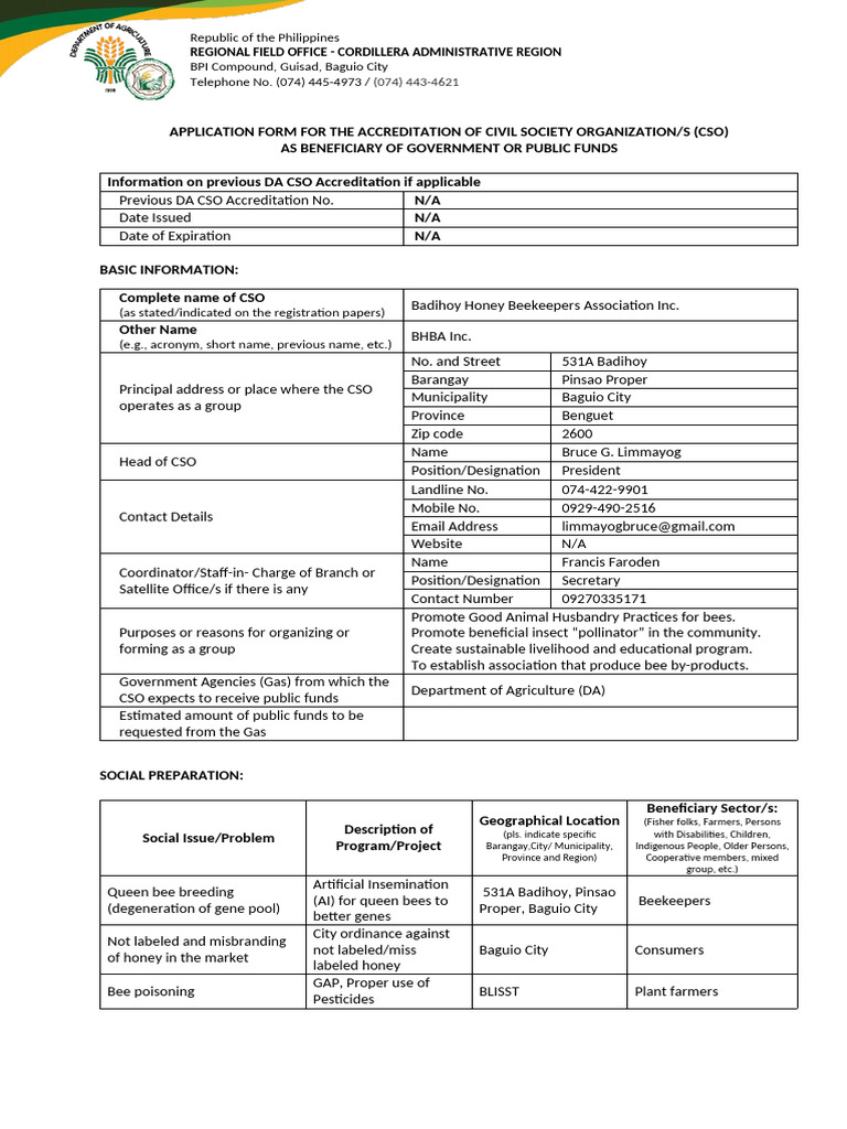 Application-Form-For-Cso-Accreditation | PDF | Bees | Beekeeping