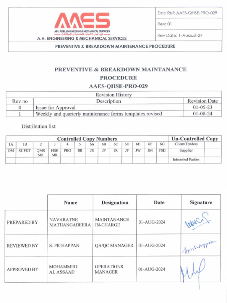 AAES-QHSE-PRO-029 PREVENTIVE BREAKDOWN MAINTANANCE | PDF