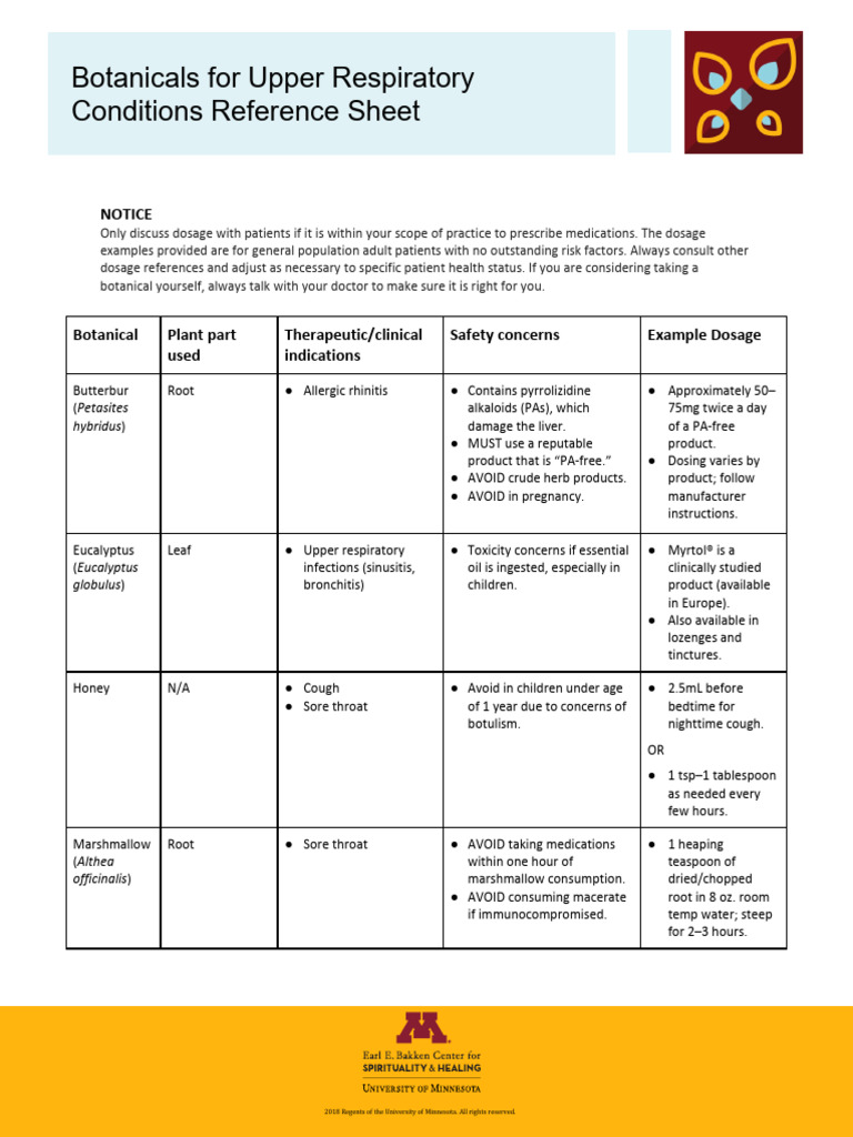 Botanicals For Upper Respiratory Conditions Reference Sheet - v2 | PDF ...