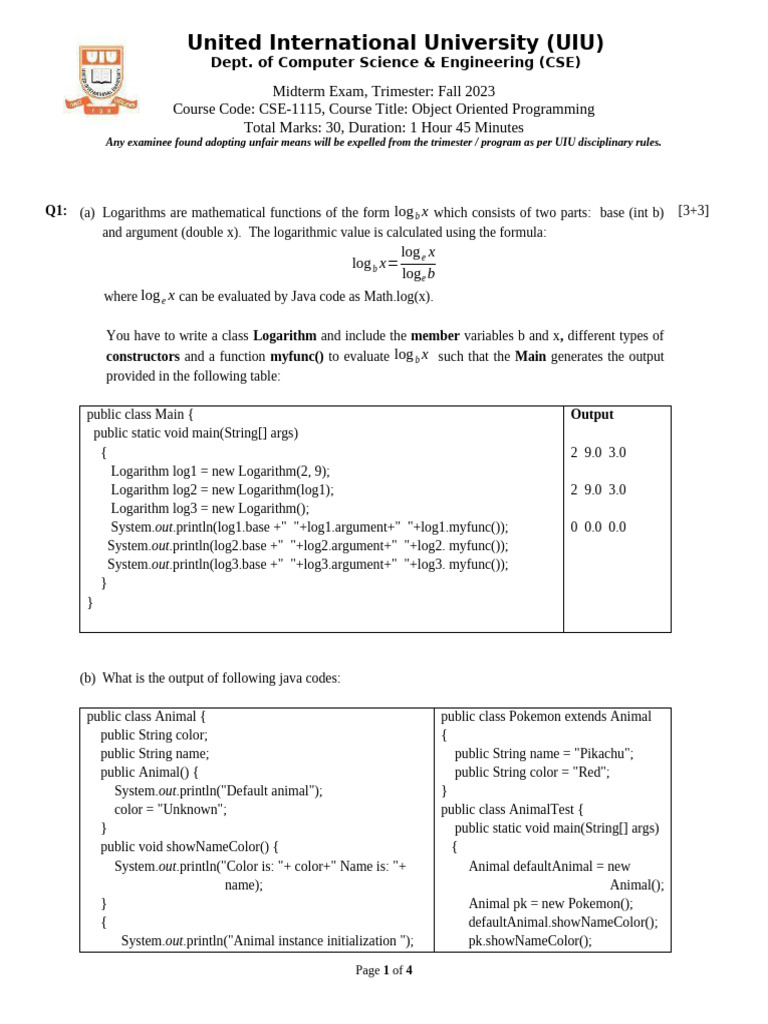 Mid Term Question 233 CSE1115 A MNK-1 | PDF | Method (Computer Programming) | Logarithm