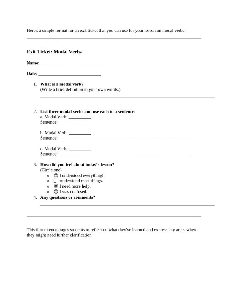 Exit Ticket for Modal Verbs | PDF