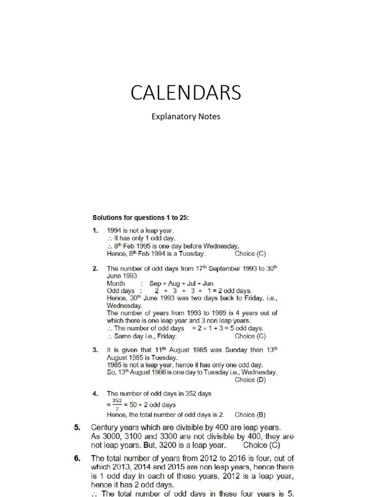 Calendars - Explanatory Notes | PDF