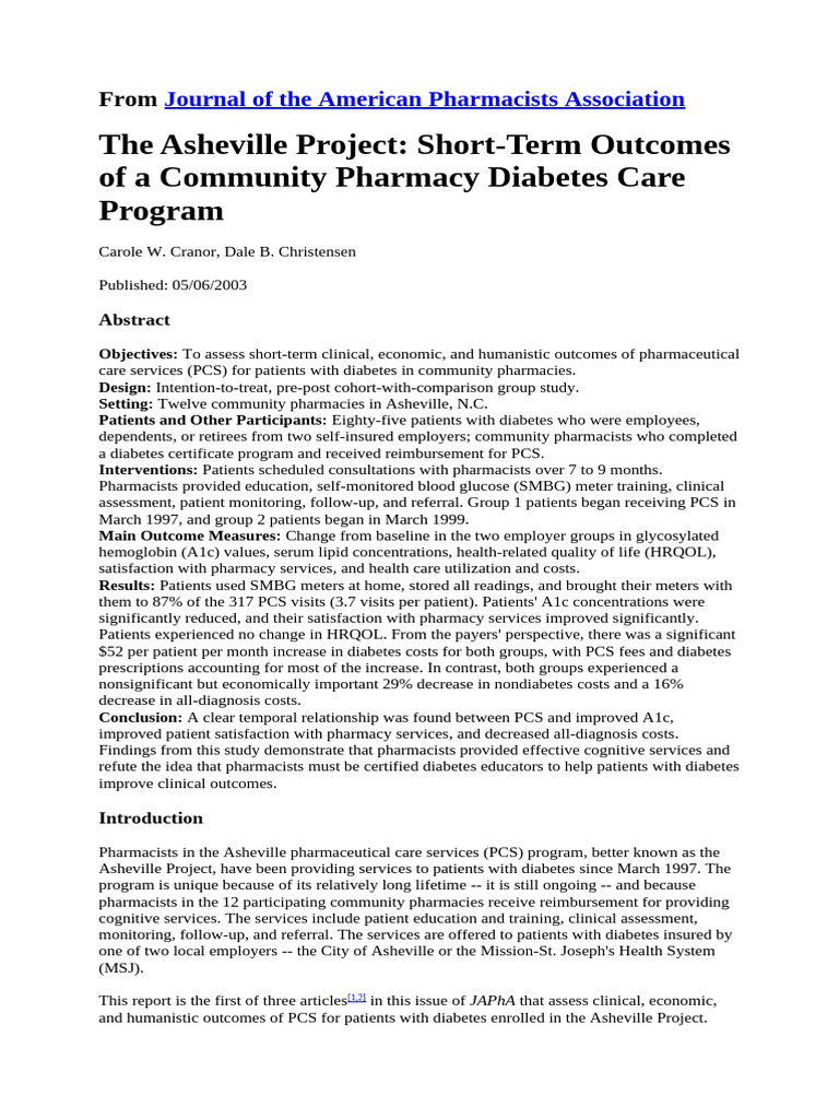 Ashevile Project-ComPharm DM Care Program | PDF | Pharmacy | Diabetes