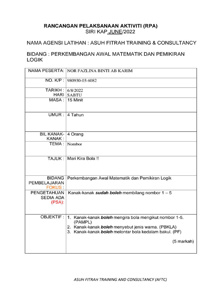 Nor Fazlina Rpa Perkembangan Awal Matematik Dan Pemikiran Logik | PDF