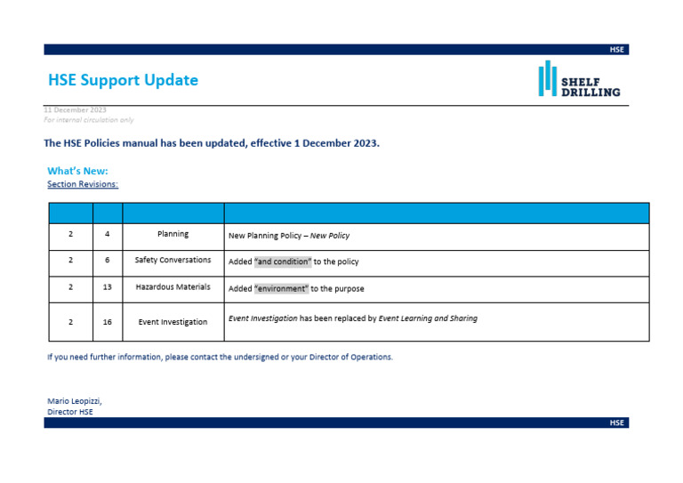 What's New - HSE Policies - Rev05 (Dec 1, 2023) | PDF