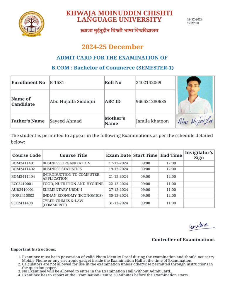 Semester 1st Admit Card Abu Hujaifa | PDF