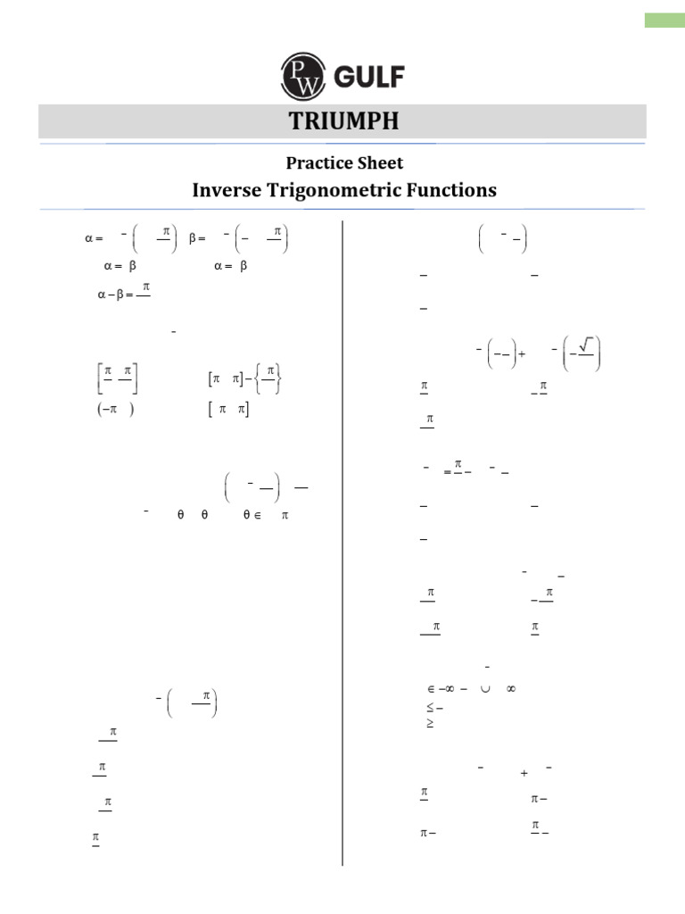 Inverse Trigonometric Functions - Practice Sheet - (Only PDF | PDF | Mathematical Objects ...