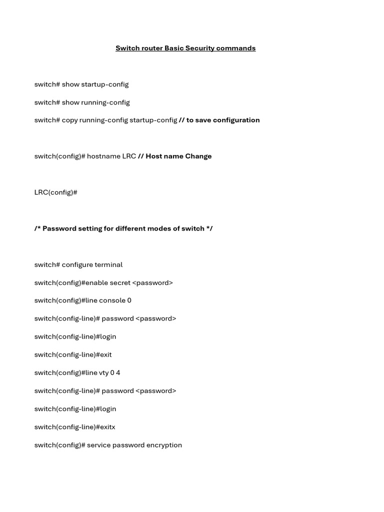 Basic Security Commands for Switches and Routers | PDF