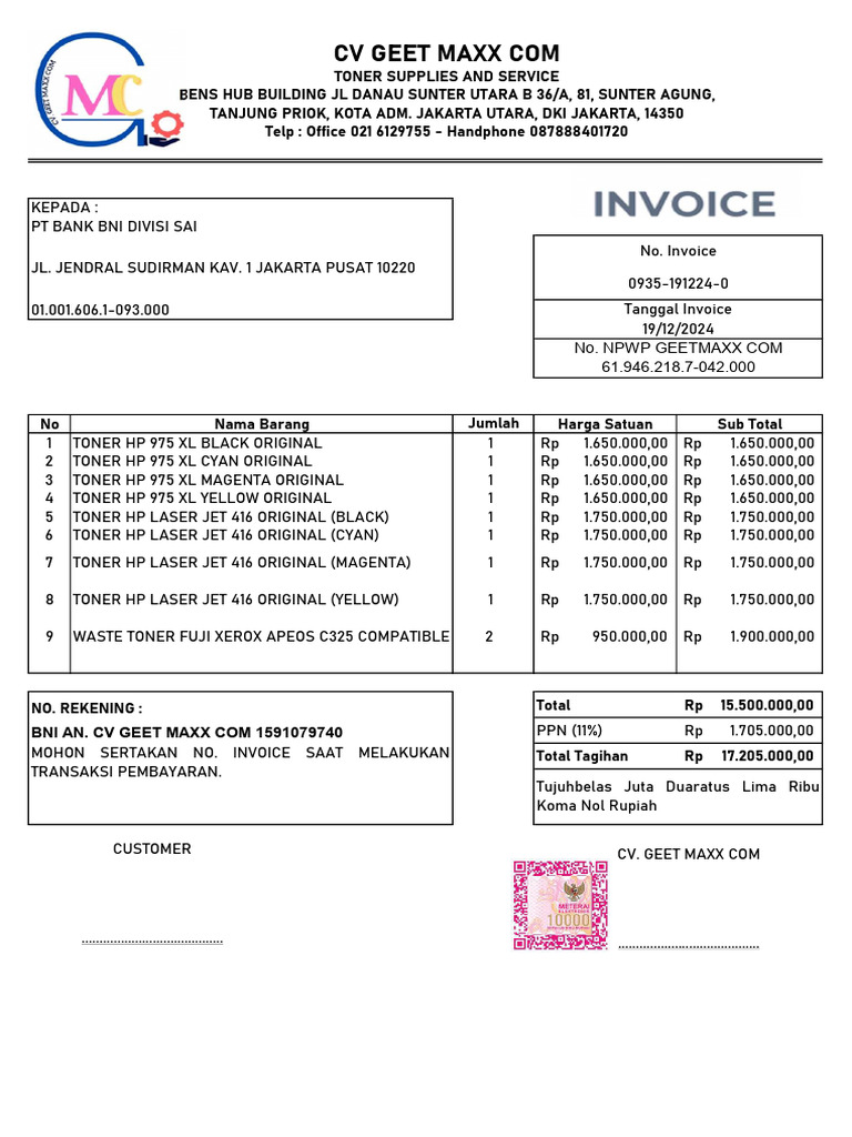 Toner Invoice for BNI Division | PDF