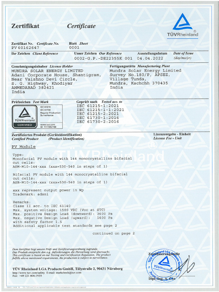 Certificates - MSEL IEC 61215 and IEC 61730 | PDF