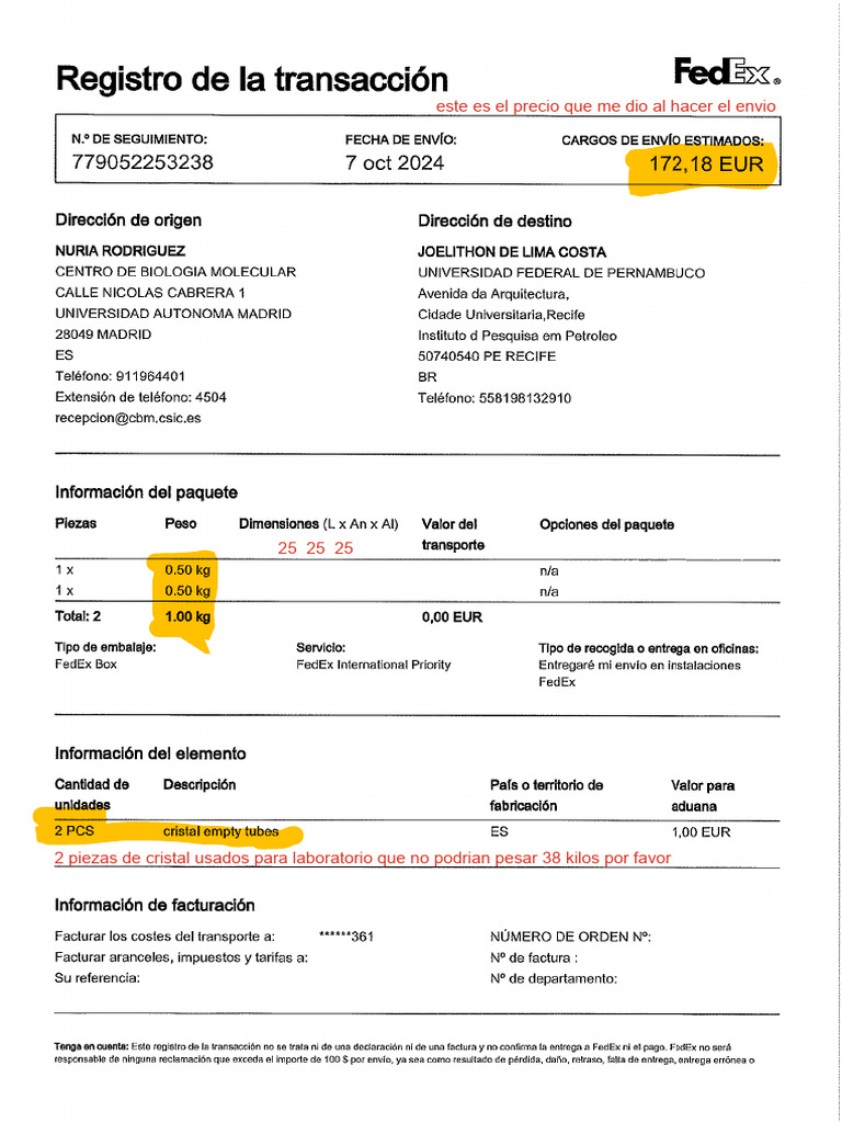 REGISTRO TRANSACCION NURIA RODRIGUEZ FEDEX | PDF