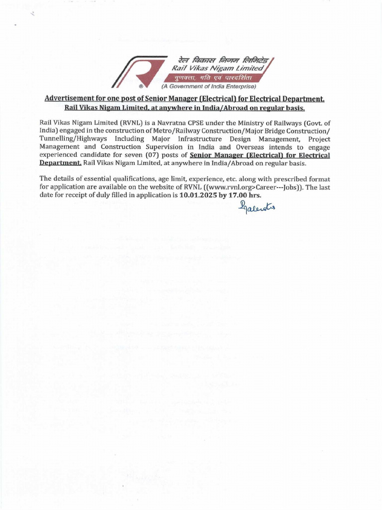 07 Senior Manager Electrical Posts Advt Details Application Form RVNL | PDF
