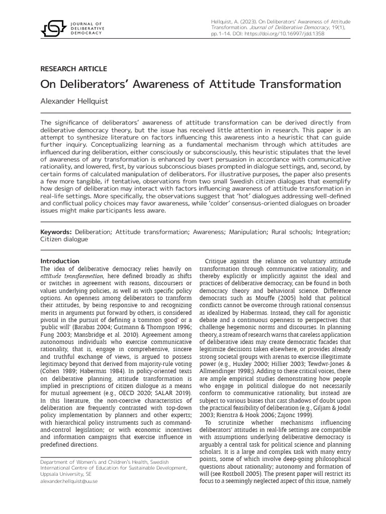 On Deliberators' Awareness of Attitude Transformation | PDF | Attitude ...