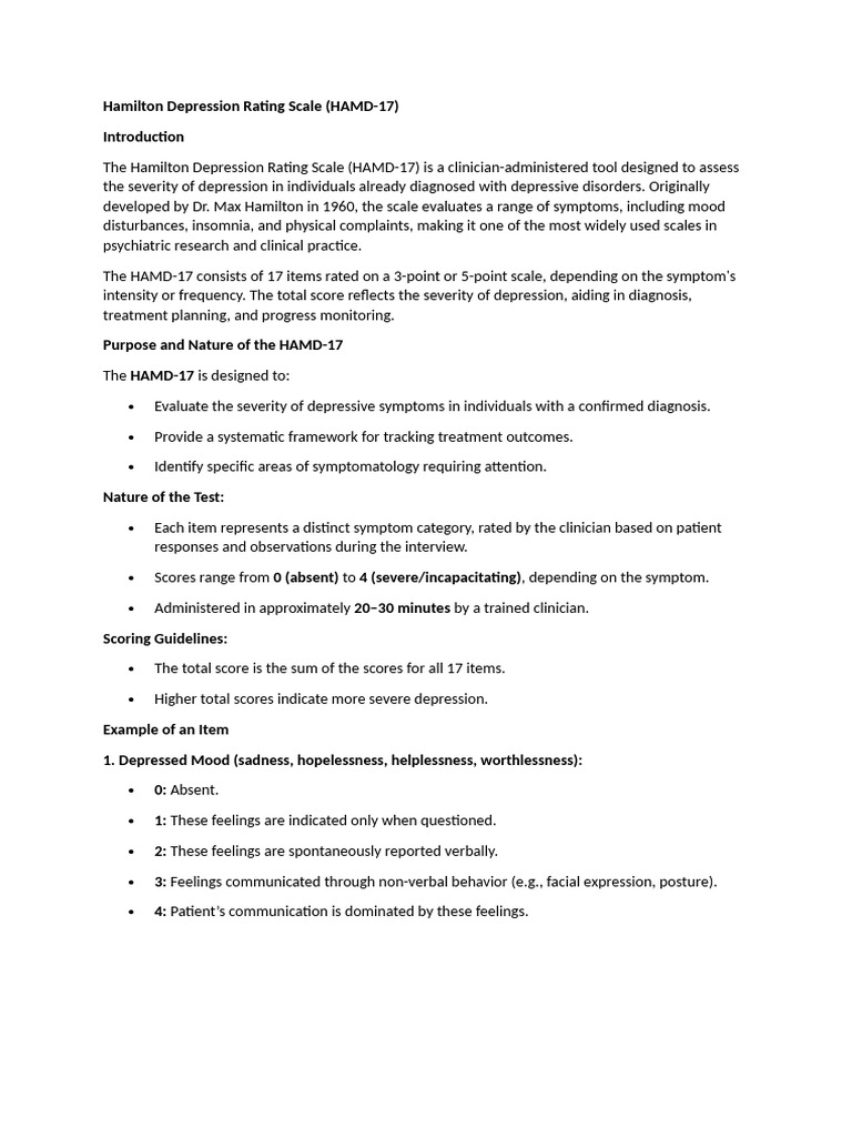 Hamilton Depression Scale Guide | PDF