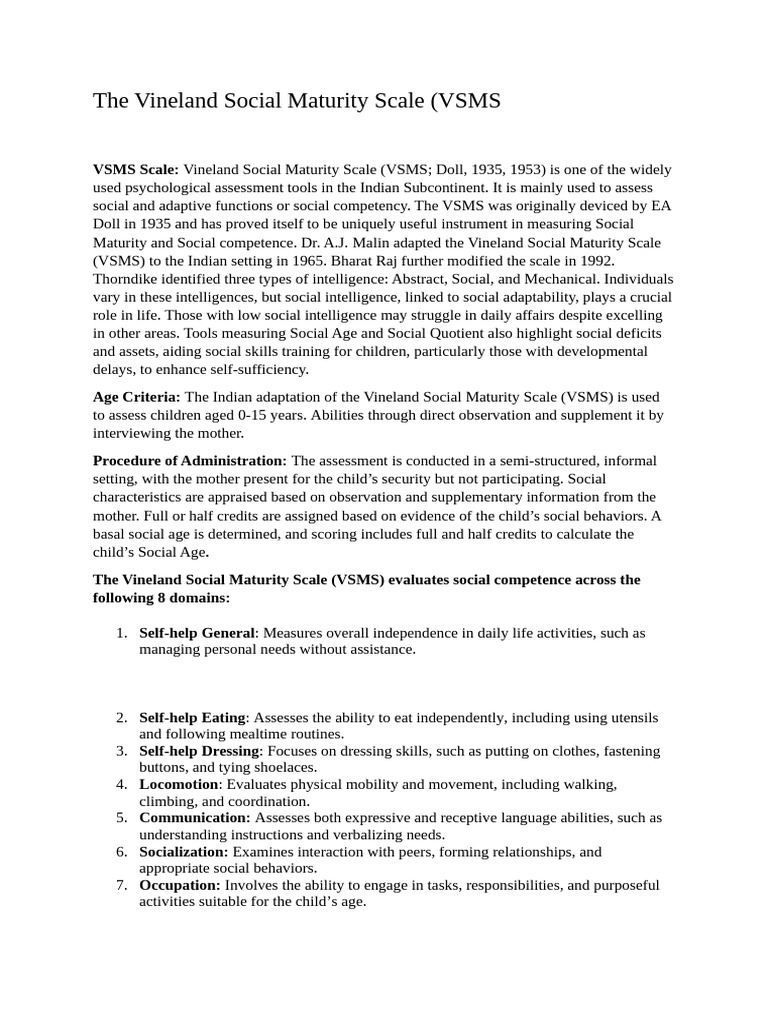 VSMS Scale answer key | PDF | Intelligence | Caregiver